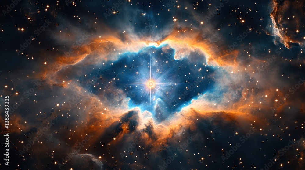 distant star being born inside a nebula, its light piercing through the gas and dust ...