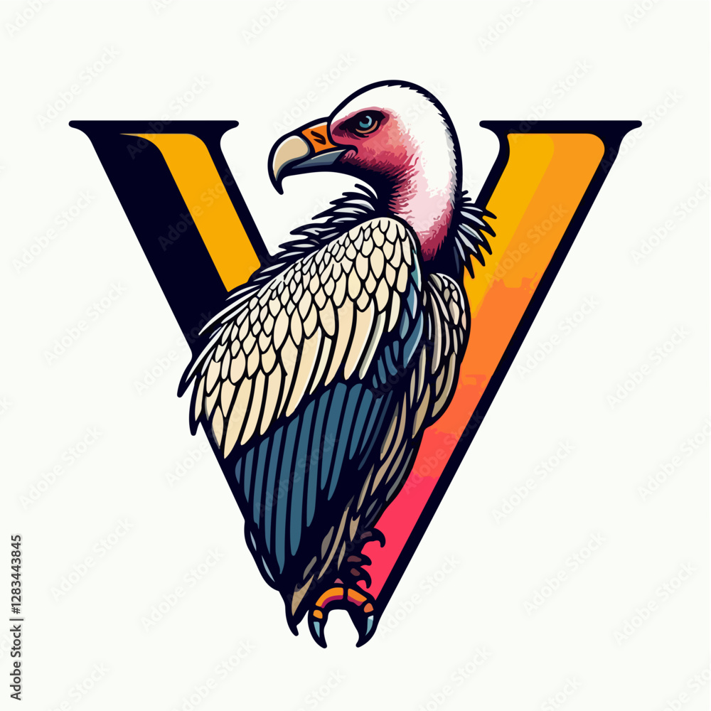 Vulture with Letter V: A striking illustration of a vulture perched ...