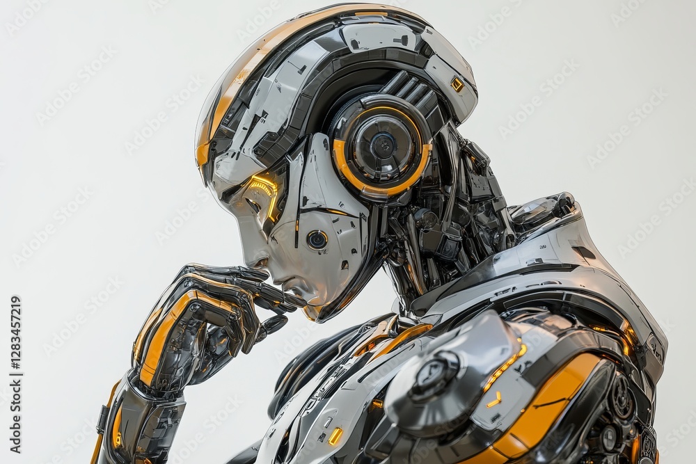 Advanced Robotic Figure Contemplative Pose Futuristic Design Mechanical ...