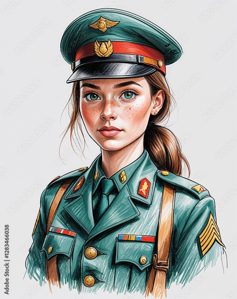 soldier woman in uniform child like drawing on a white background ...