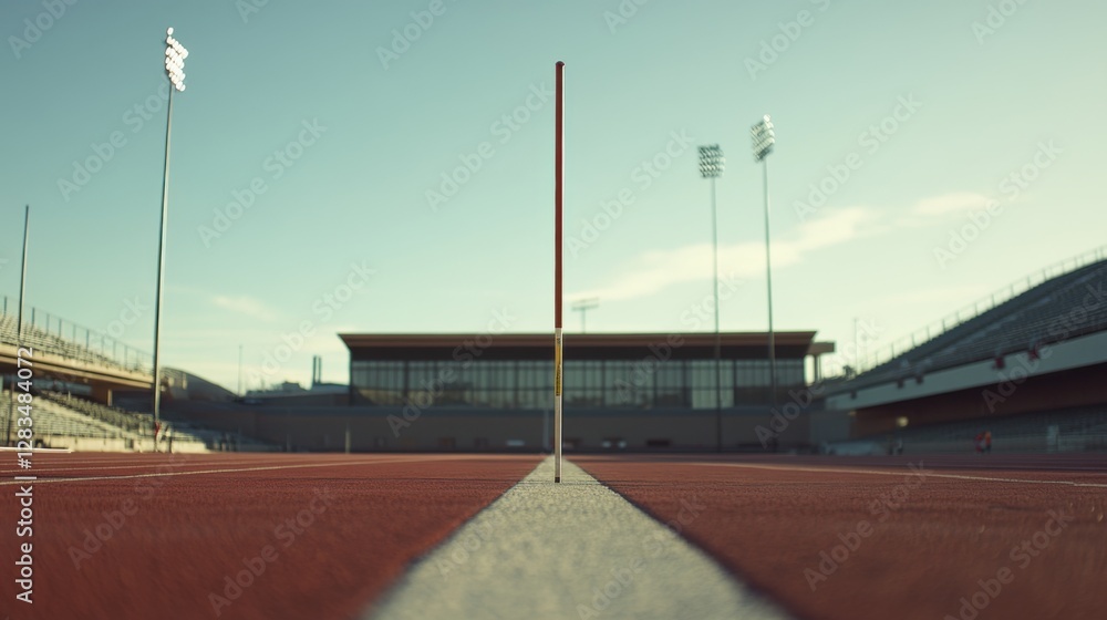 College stadium with athletes practicing a pole vault. Featuring ...