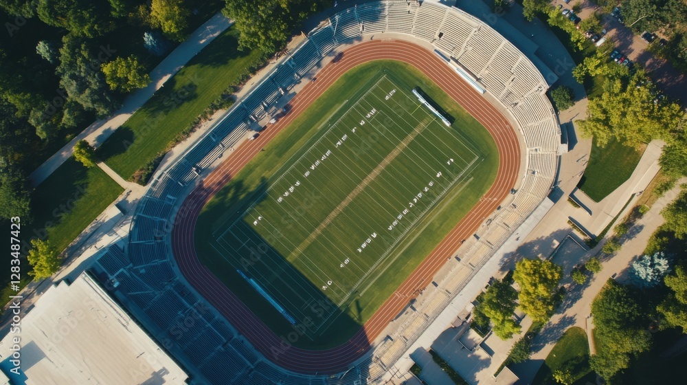 College stadium with athletes practicing for a decathlon. Featuring ...