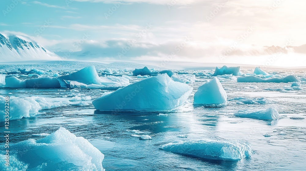 Melting Greenland ice sheet with rising water, arctic landscape ...