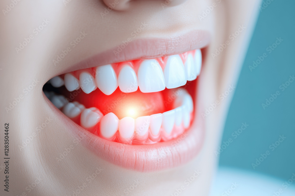 Dental problem, Close-up image of swollen red gums indicating ...