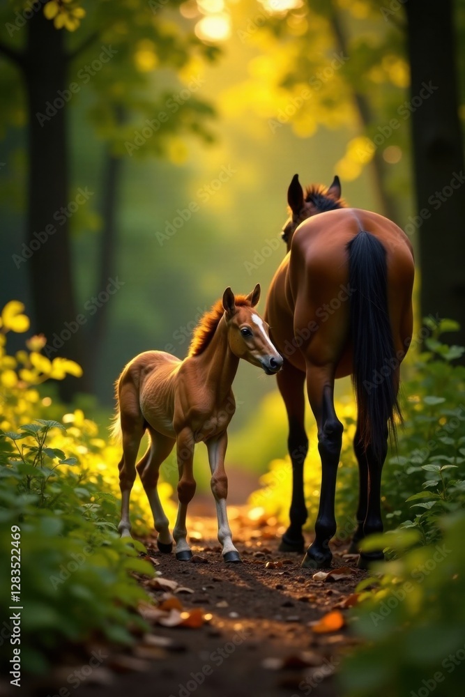 Foal taking its first steps beside mother in a vibrant forest, foal ...