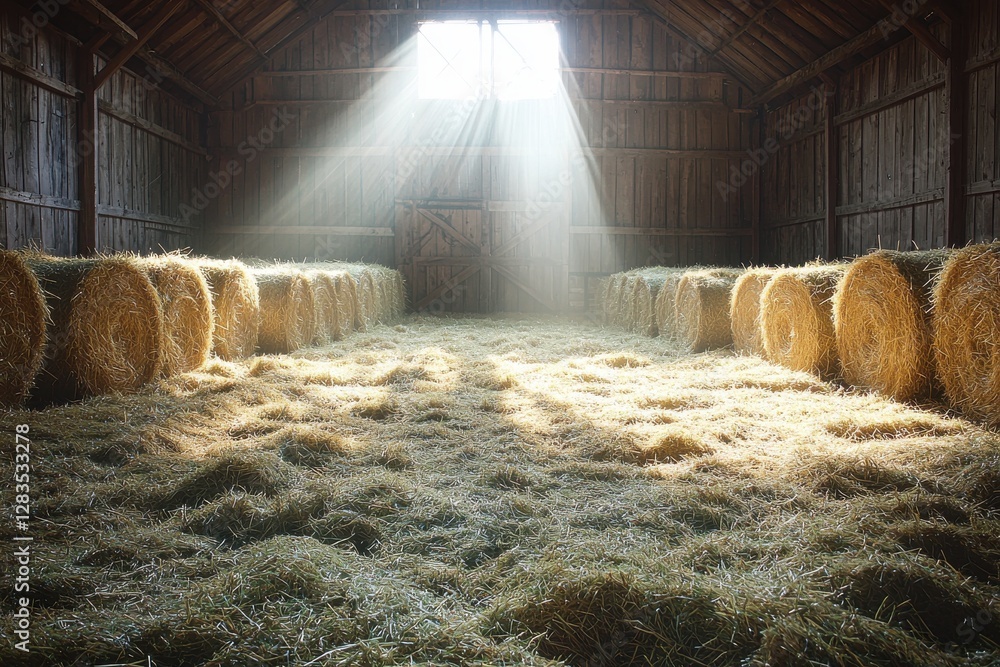 Sunbeams illuminate a rustic barn interior filled with rows of golden ...
