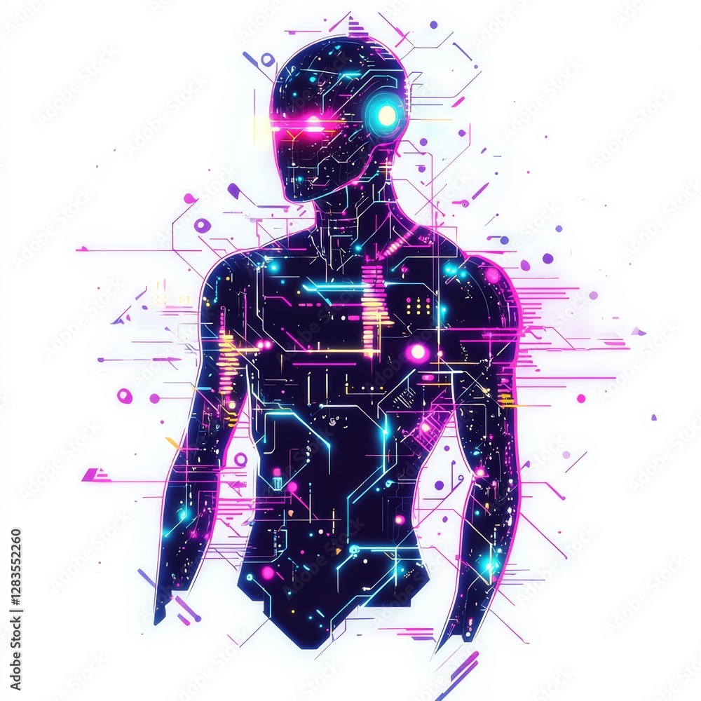 Cybernetic Humanoid: An intricate digital artwork depicting a cybernetic humanoid with glowing ...