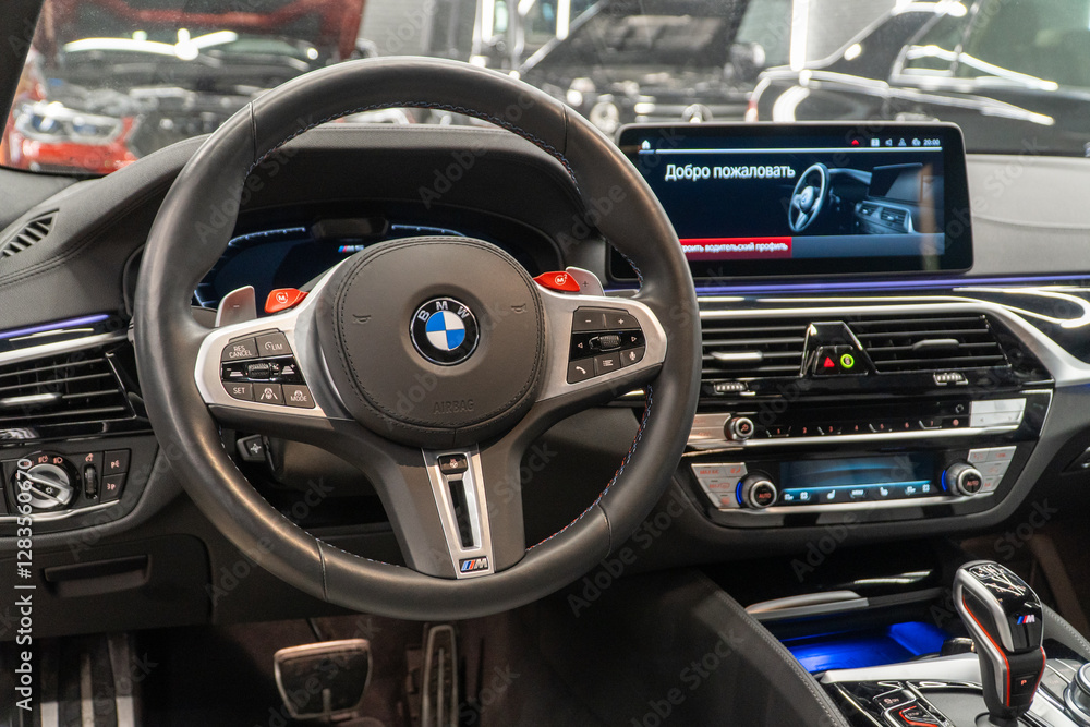 BMW M5 Competition steering wheel, dashboard, gear shifting. Black ...