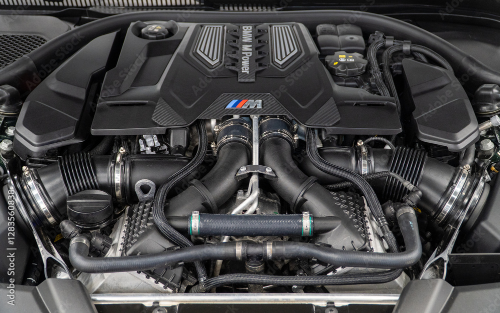 Bmw M Power gasoline engine. V8 twin turbo engine of BMW M5 Competition ...
