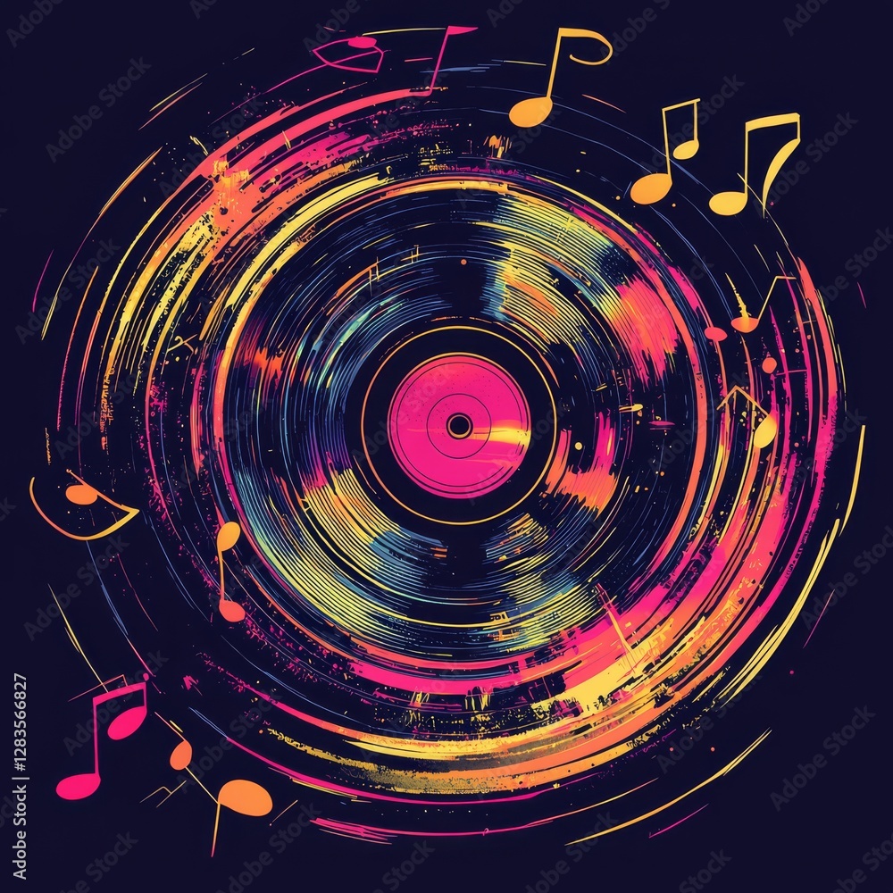 Vinyl Symphony: A vibrant vinyl record, awash in a kaleidoscope of ...