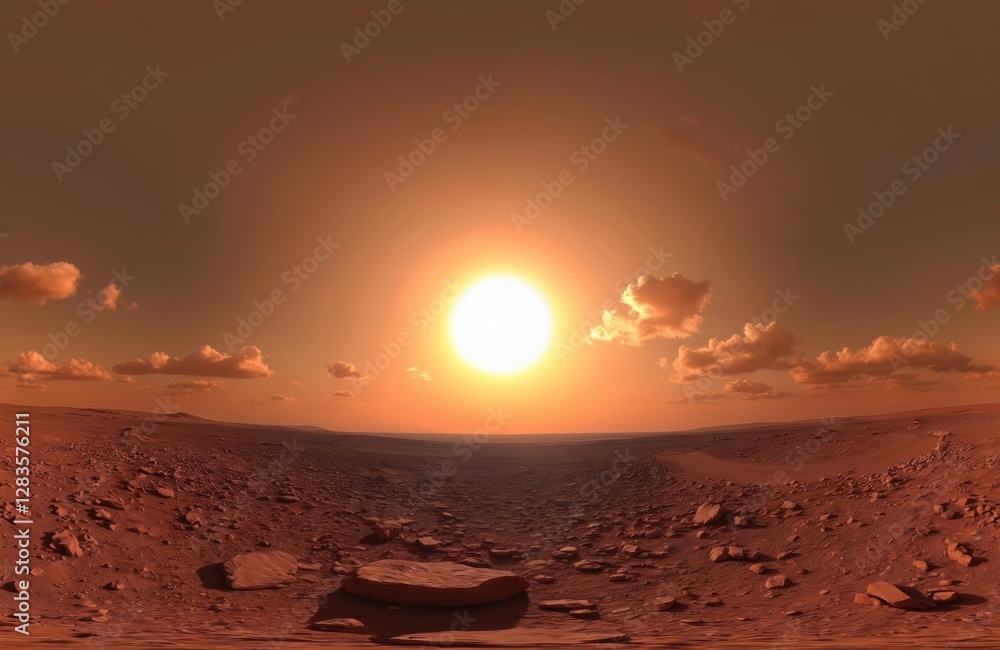 360 HDRI panorama of Mars sunset with martian landscape. Warm orange ...