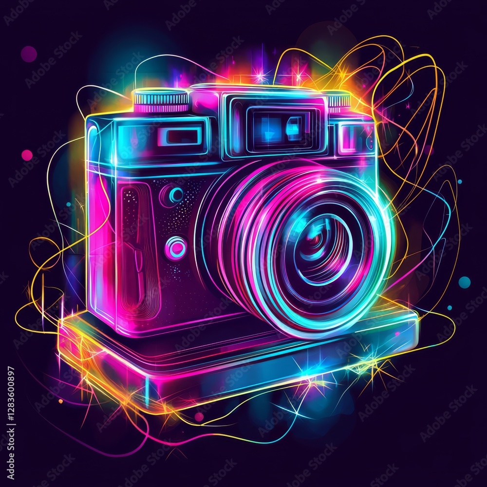 Neon Camera: A vibrant digital illustration of a vintage film camera ...