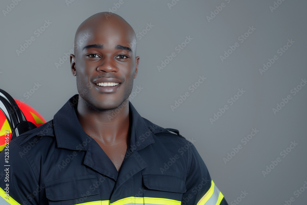 Proud firefighter in uniform displaying bravery and dedication while ...
