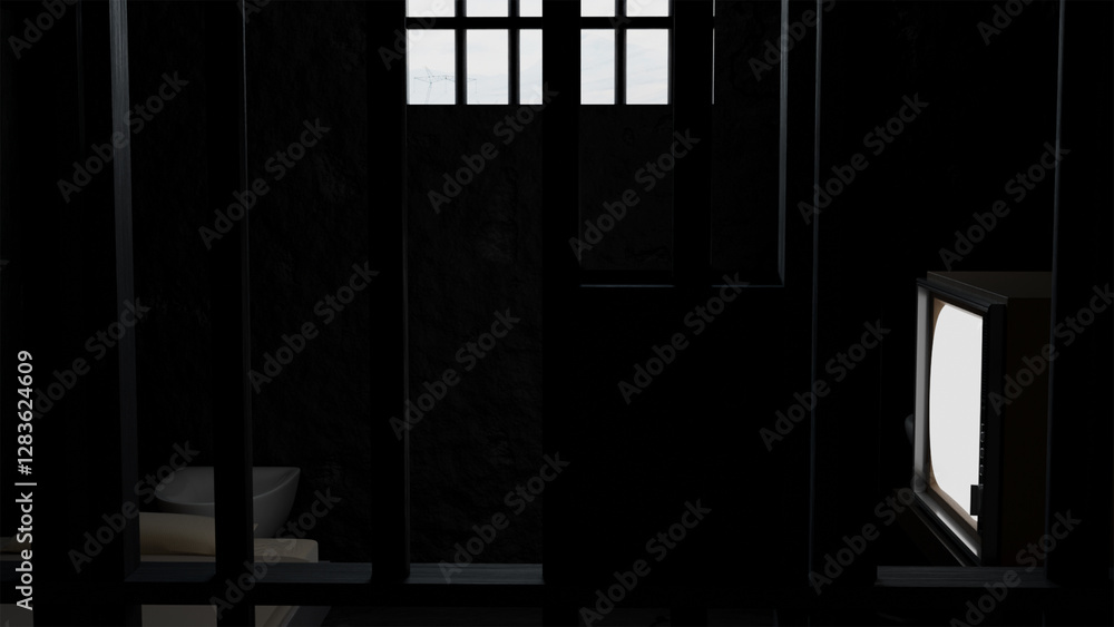 3D model of an old TV behind bars in a prison cell, retro TV, watching ...