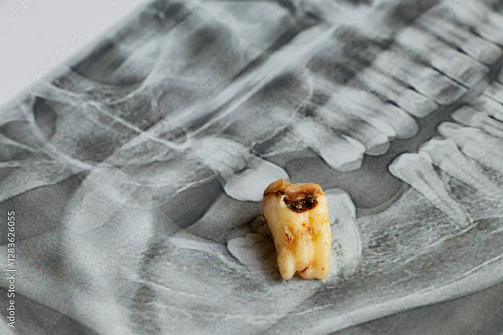 Extracted wisdom tooth with a hole lies on a panoramic image of male ...