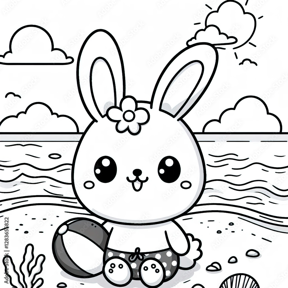 Coloring book Bunny at the beach with a ball Cute line art, perfect for ...