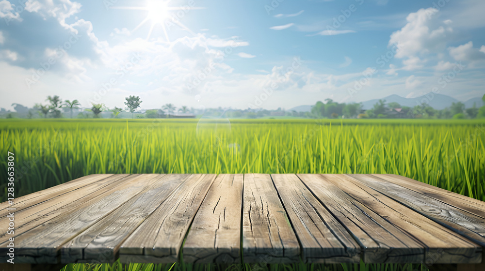 Wooden table top on blur rice field background in daytime ,Harvest rice ...
