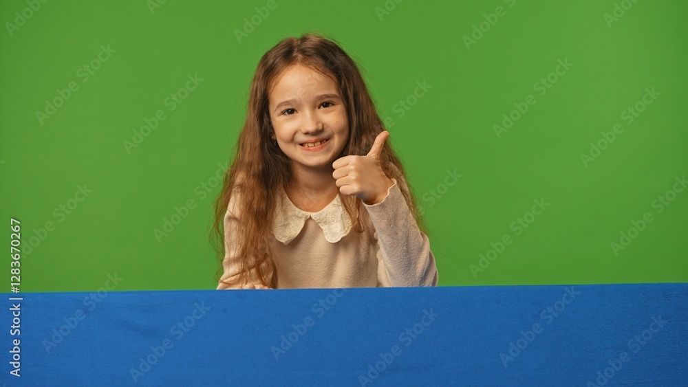 Little girl child peeks out and shows thumbs up, positive wow expression, isolated on chroma key ...
