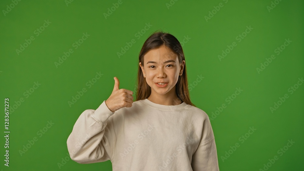 Asian girl child looks at camera and shows thumb up hand sign, positive expression, isolated on ...