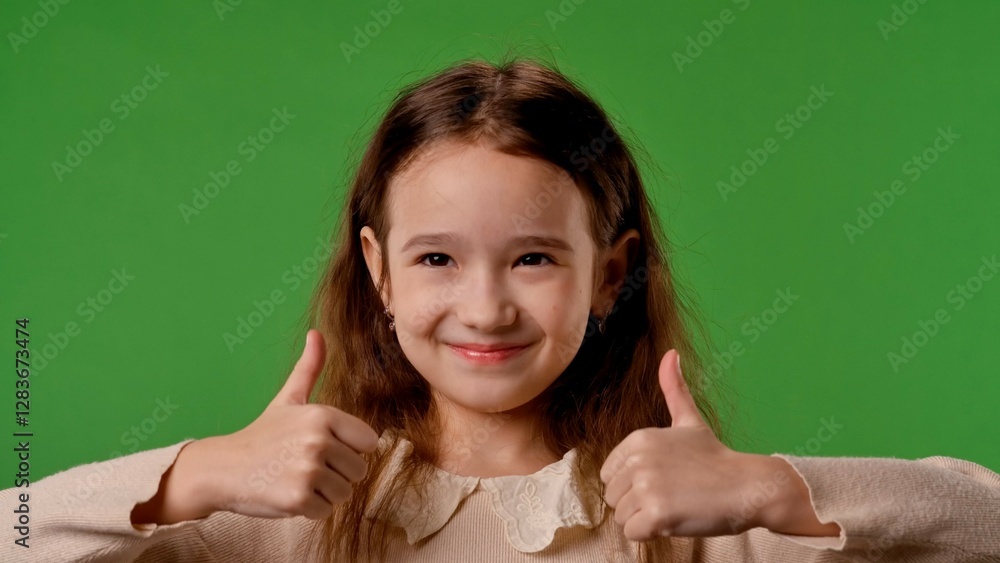 Little girl child looks at camera and shows thumb up hand sign, positive expression, isolated on ...