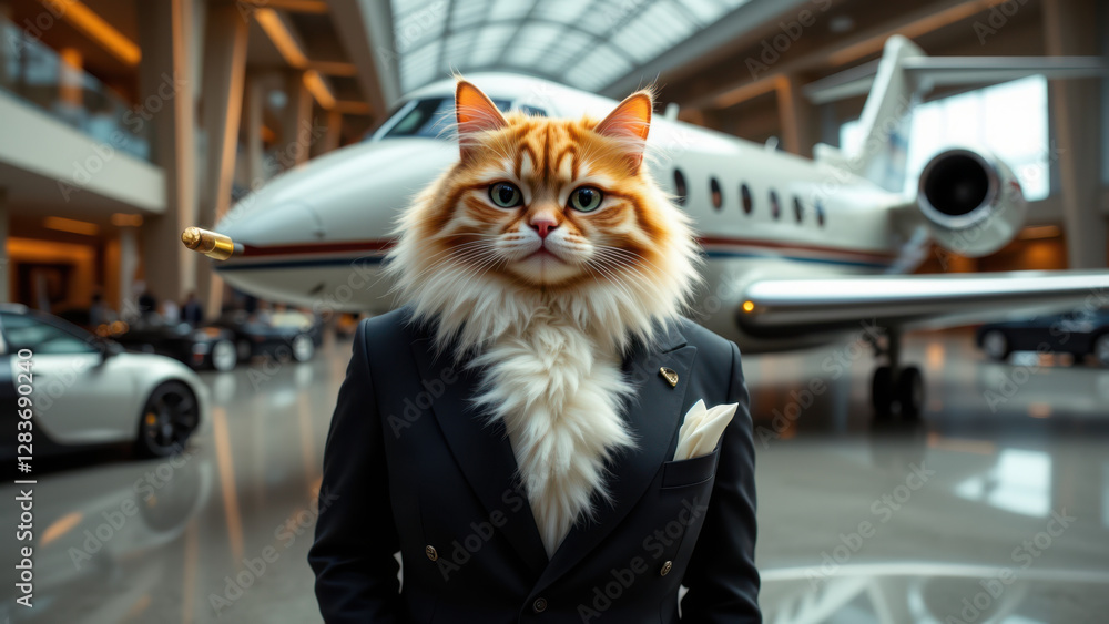 Cat with a human-like posture standing next to an airplane at an ...