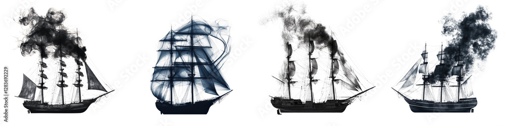 Vintage sailing ships with tall masts and rigged sails navigating the ...