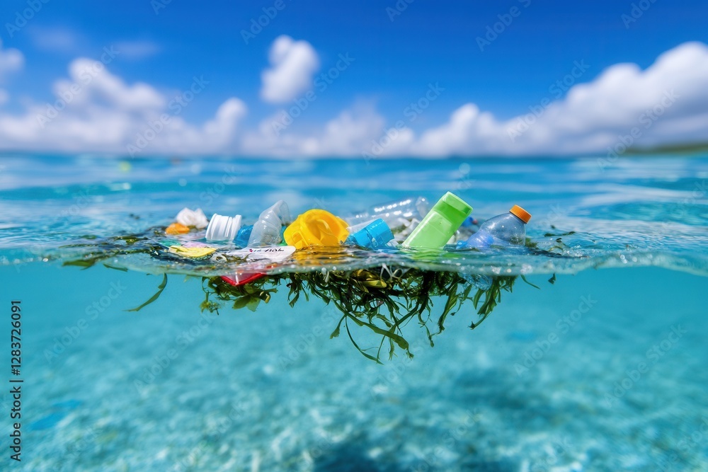 Plastic waste floats on the ocean surface, a split view showing the ...
