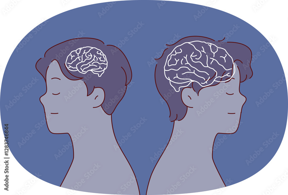 Stupid and smart man stand side by side, with silhouette of brain of ...
