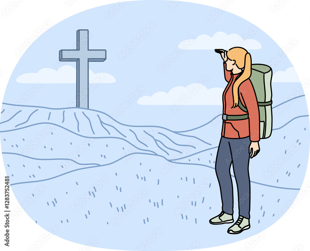Woman pilgrim stands near large christian cross on hills during hike to ...