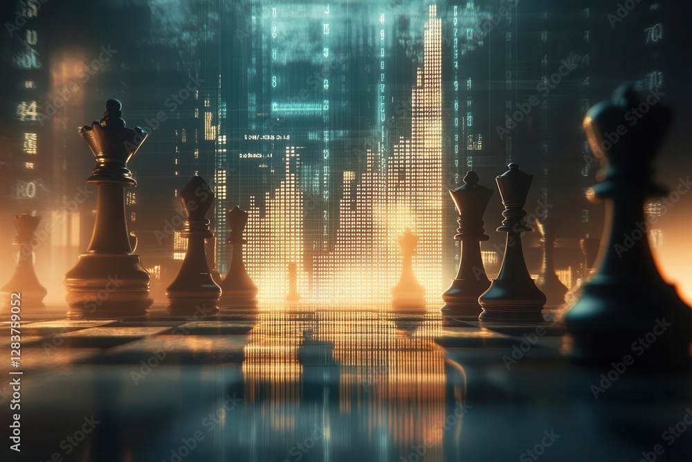 chess pieces cast dramatic shadows across a glowing digital trading ...
