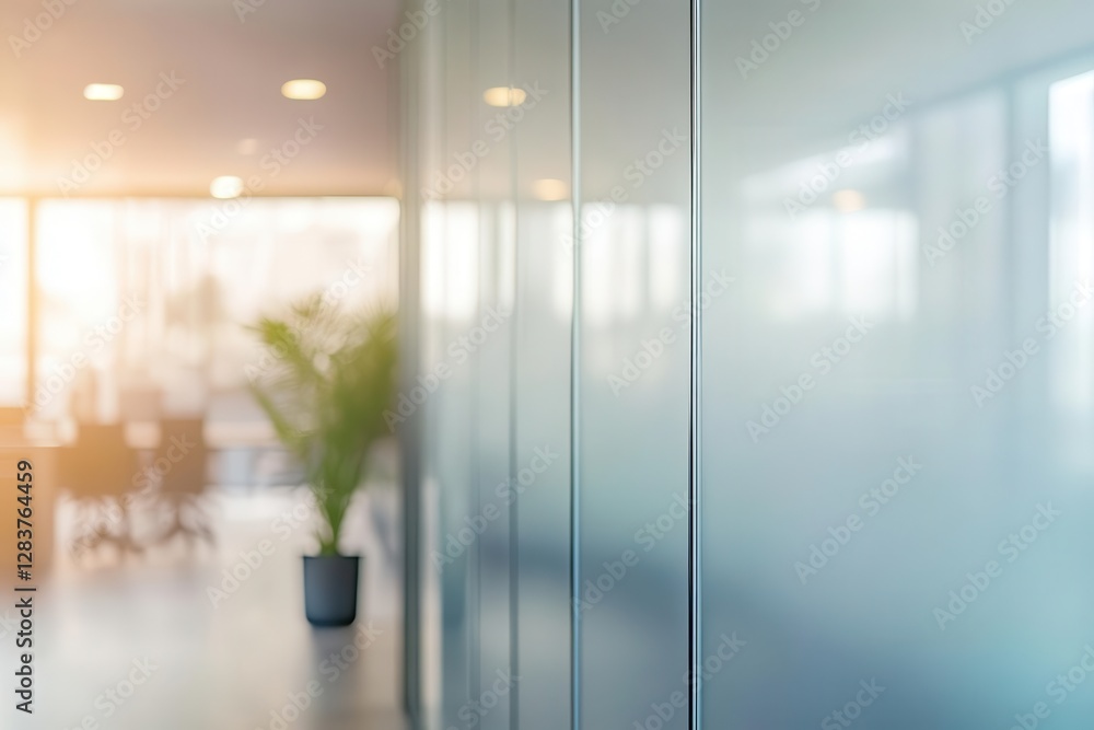 contemporary office interior through frosted glass, creating abstract ...