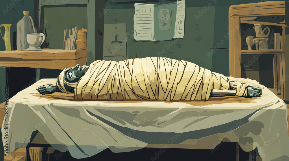 Mummy creation cartoon vector illustration. Stages of mummification ...