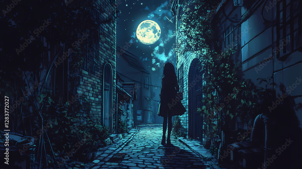 Anime character in a haunted alley at midnight, shadows creeping ...