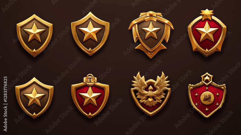 Golden military badges, army rank insignia for ui game interface. War ...
