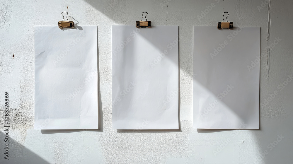 Folded blank posters hang with binder clips, white paper sheets with ...