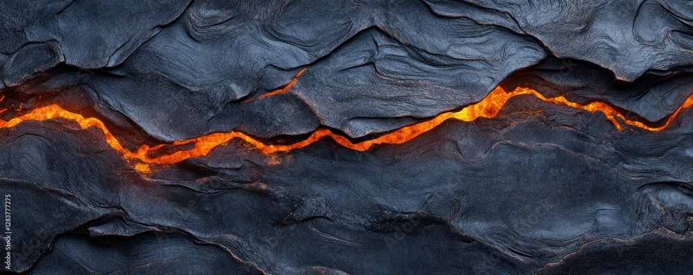 Dark volcanic rock displays striking orange cracks resembling molten ...