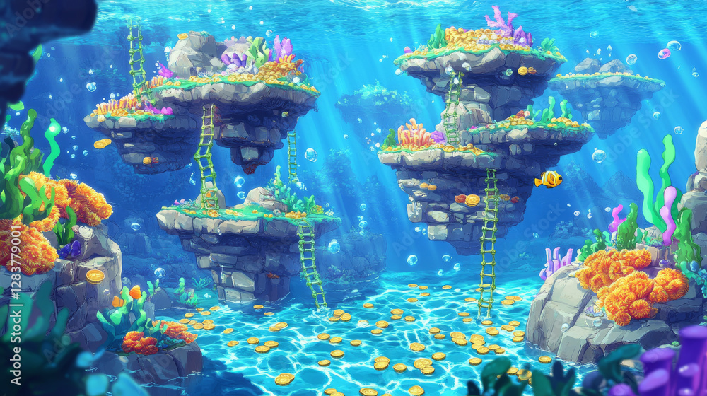 Floating rock islands vector game underwater landscape. Ui level map ...