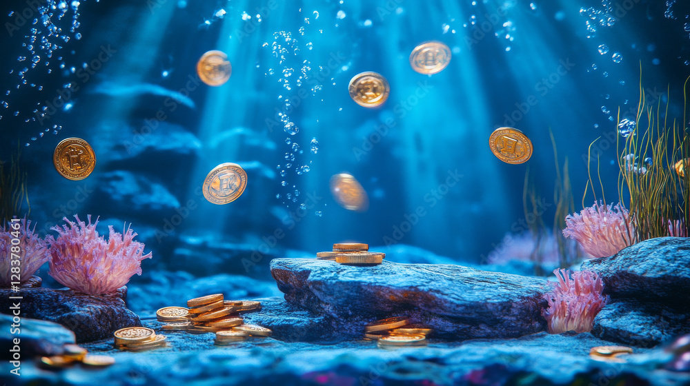 Floating rock islands vector game underwater landscape. Ui level map ...