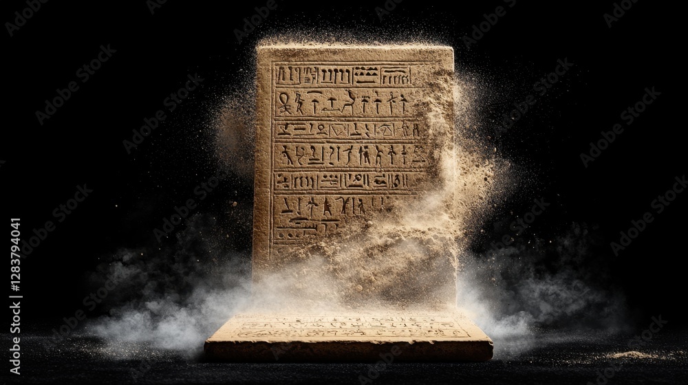 Ancient Egyptian Stone Tablet with Hieroglyphs and Dust Cloud Effect in ...