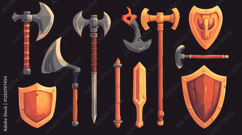 Old broken weapon and armor with fire glow. Game items set, icons of ...
