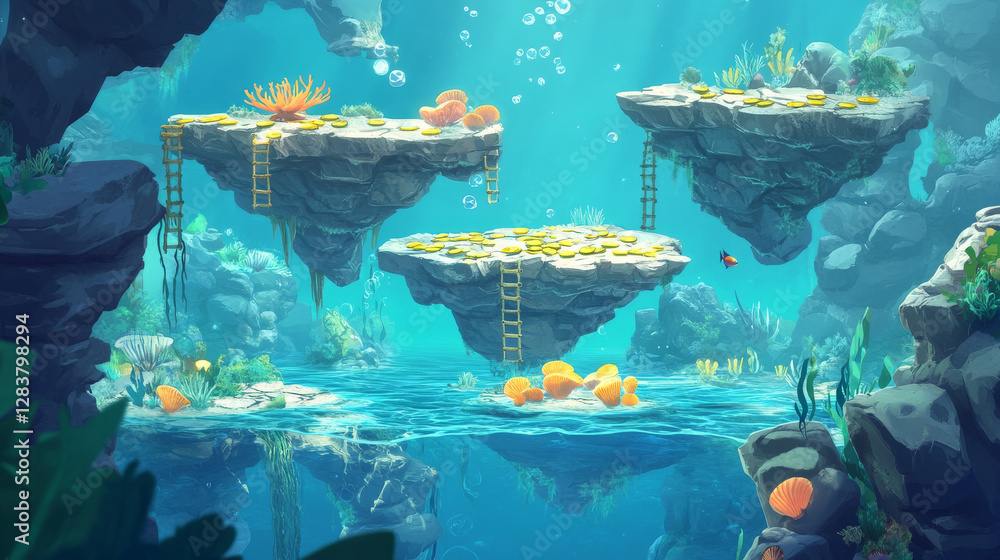 Floating rock islands vector game underwater landscape. Ui level map ...