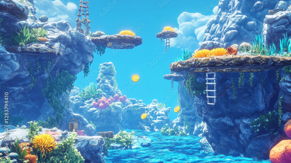Floating rock islands vector game underwater landscape. Ui level map ...