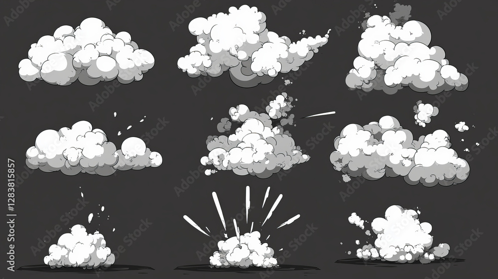 Magic smoke explode process animation sprite sheet. Cartoon clouds, steam vfx explosion animated ...
