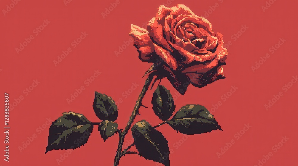 Pixel Art Red Rose Flower Stem Leaves Digital Illustration 8 bit ...