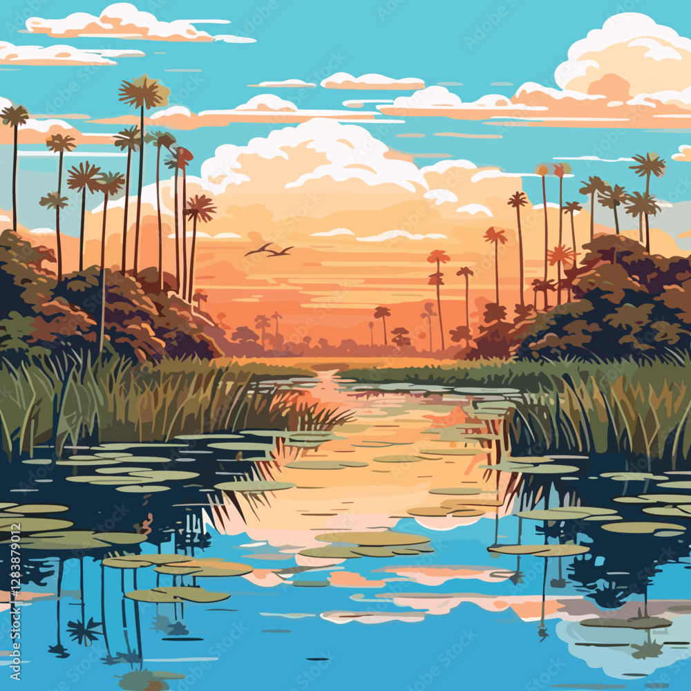 Everglades sunset wetland vector. Flat design showing the iconic swamp ...