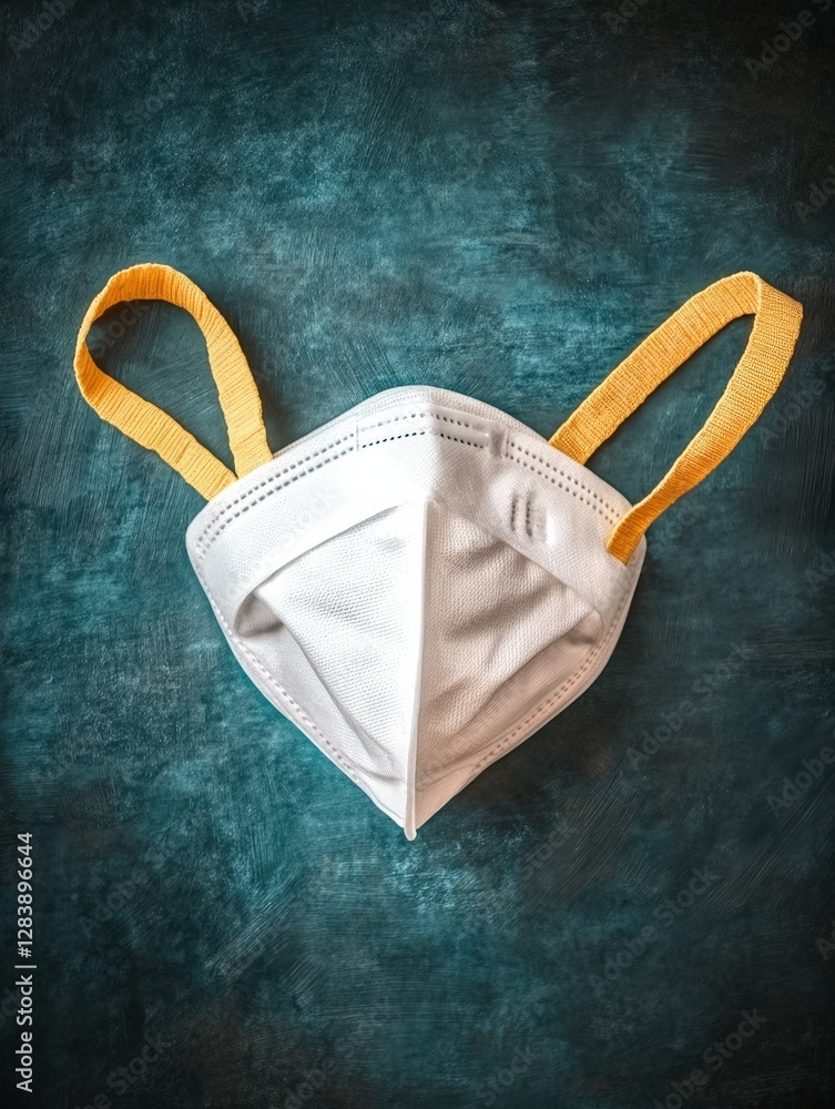 Protective face mask with yellow straps on a textured blue background ...