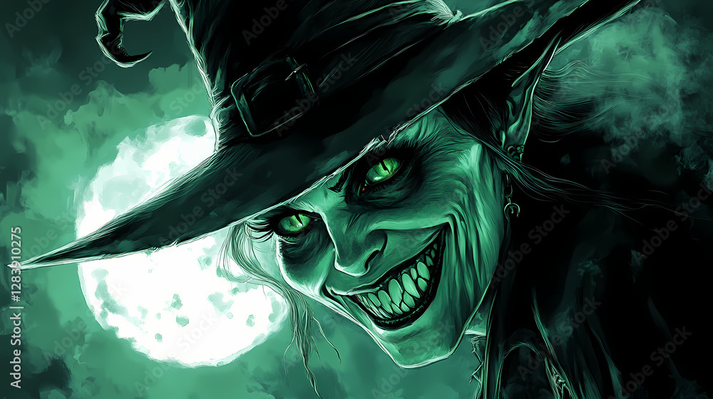A wicked-looking witch with green skin and a pointed hat smiles at the ...