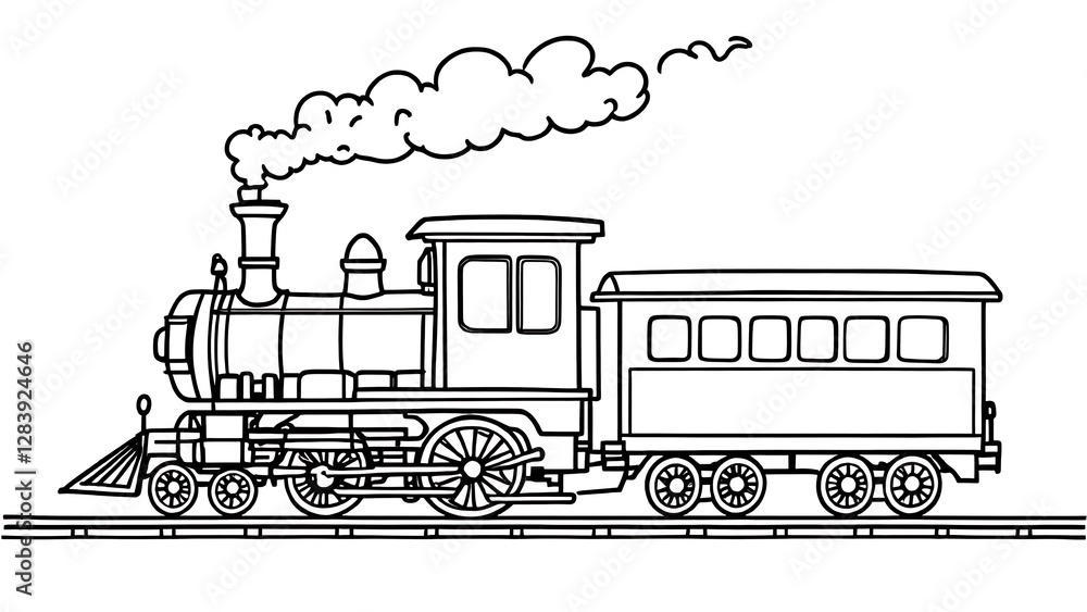 Locomotive Steam Train with a Passenger Car Line Art Drawing on Railway ...