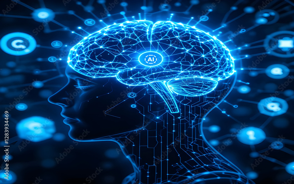 the human head with the brain human, control AI agent and generative ...
