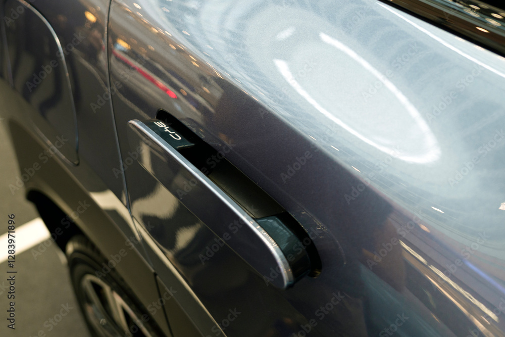 Penang, Malaysia - Feb 22, 2025: Close-up of the modern and aerodynamic ...